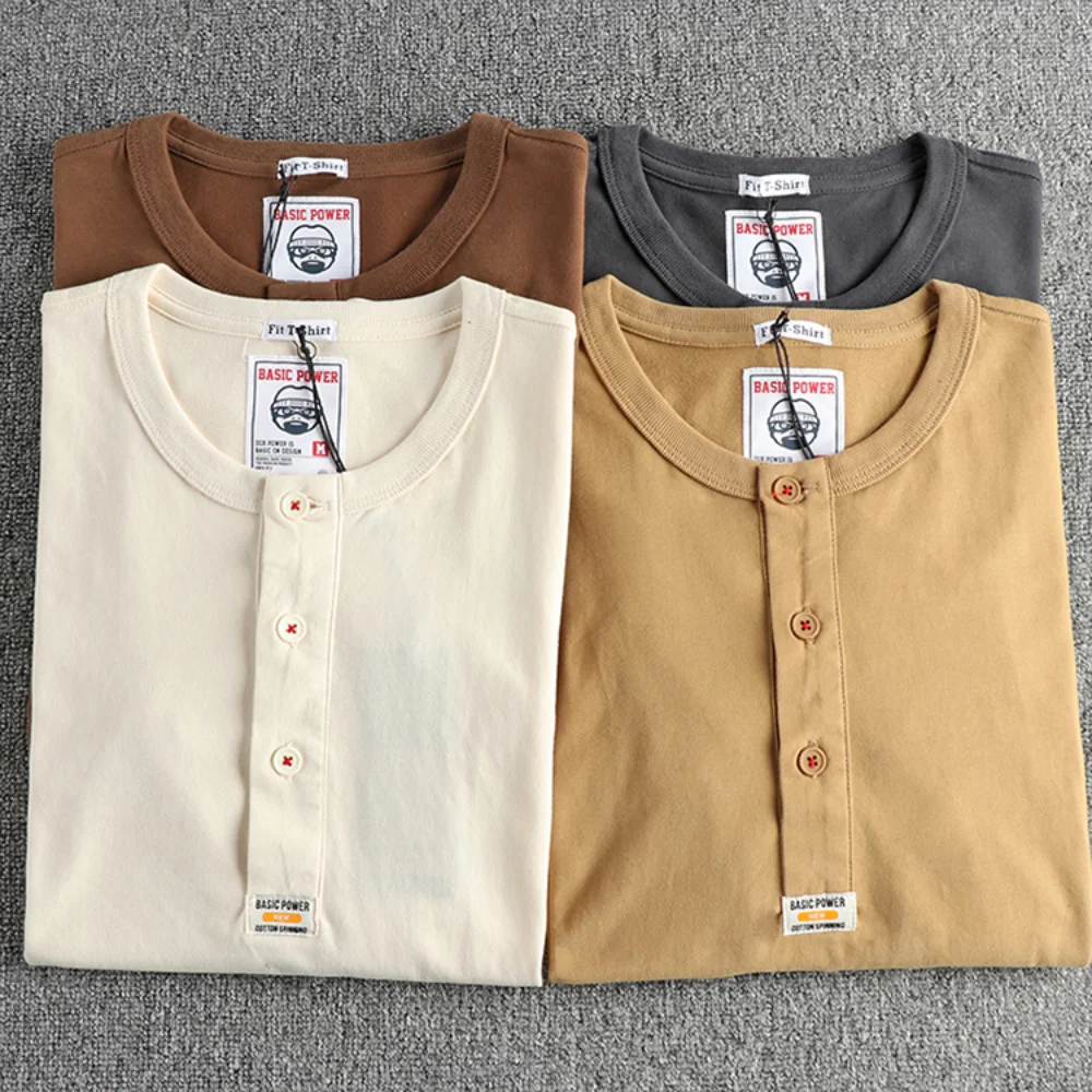 Combed-cotton-simple-tough-guy-style-Henry-collar-short-sleeve-T-shirt ...