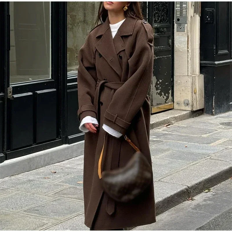 Elegant Grey Belt Long Faux Wollen Coat Women Lapel Double Breasted ...