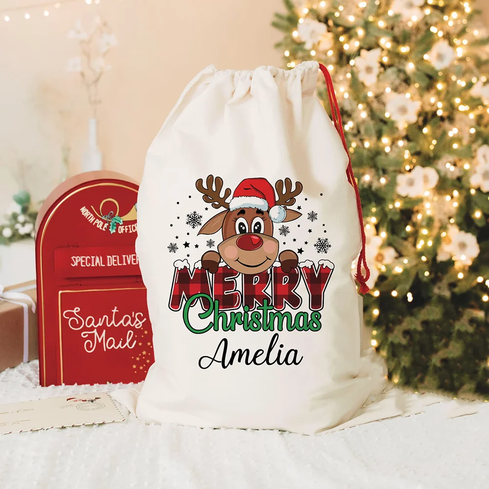 Custom Deer Christmas Bag Holiday Santa Sack Merry Xmas Eve Party Decor ...