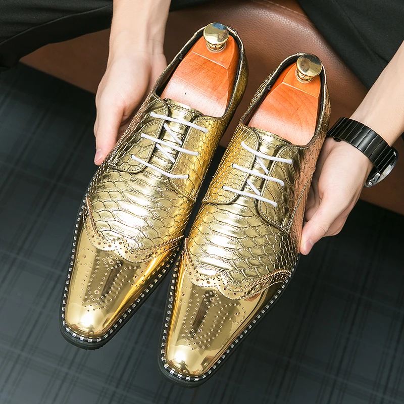 Luxury-Designer-Pointed-Gold-Patchwork-Lace-Up-Brogues-Shoes-For-Men ...