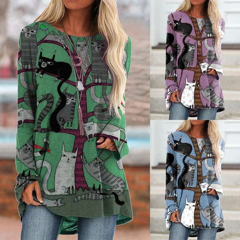 New Autumn Women's Floral & Cat Print Top Oversized Long Sleeve ...