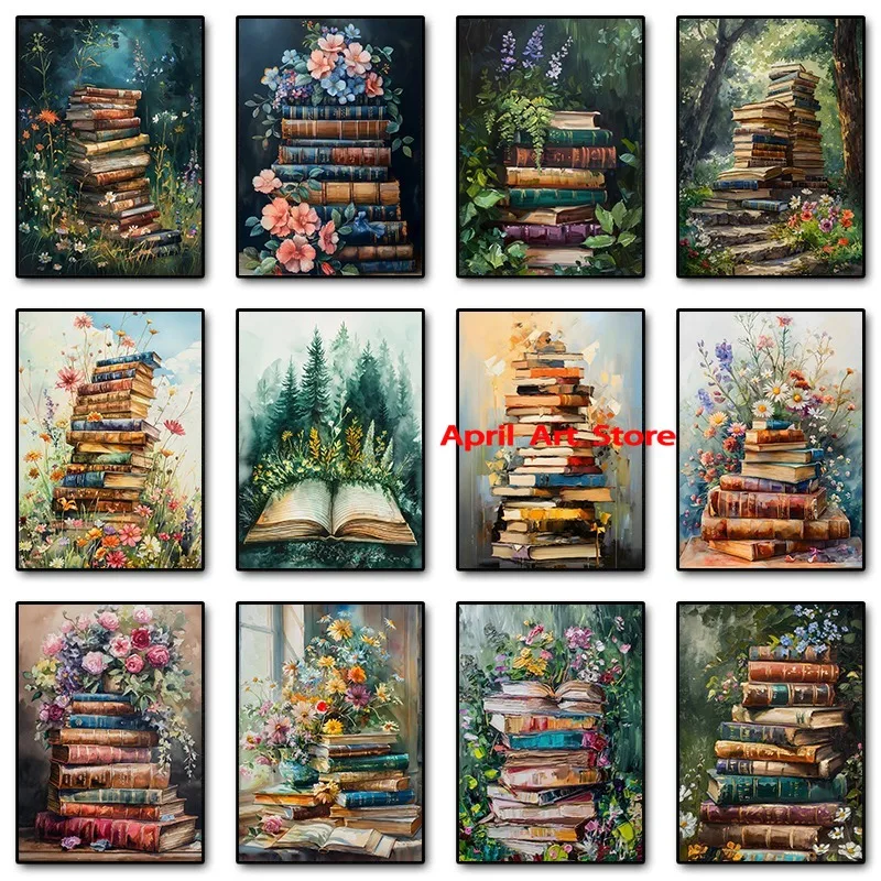 Vintage Stack of Books Flowers Bookish Poster Canvas Printing Retro ...