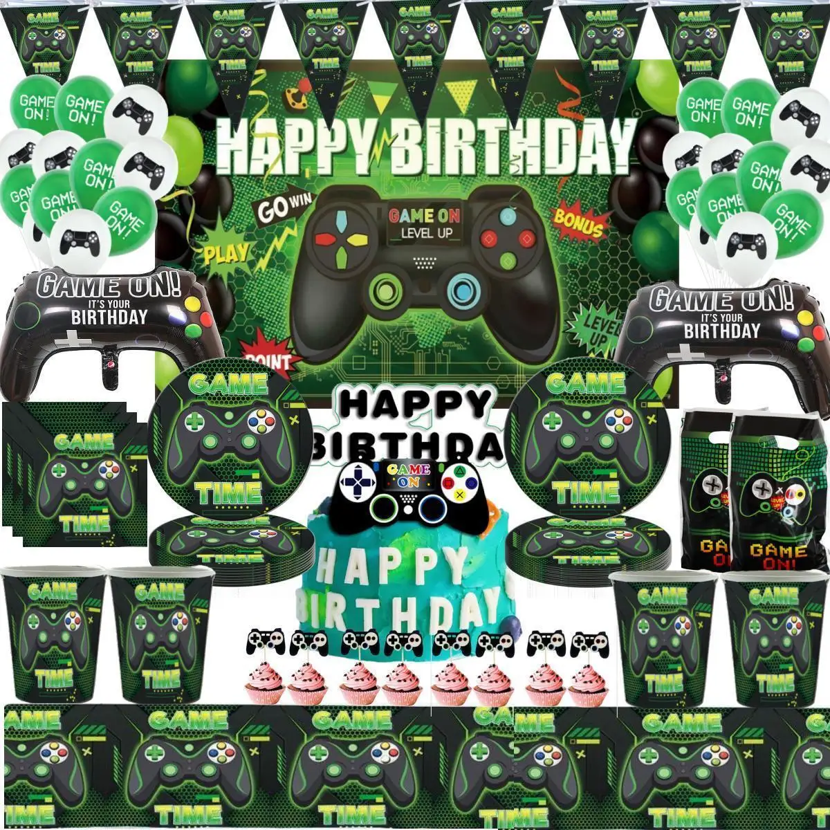 Decoraci-n-de-fiesta-de-cumplea-os-de-videojuegos-verde-placa-bolsa-de ...
