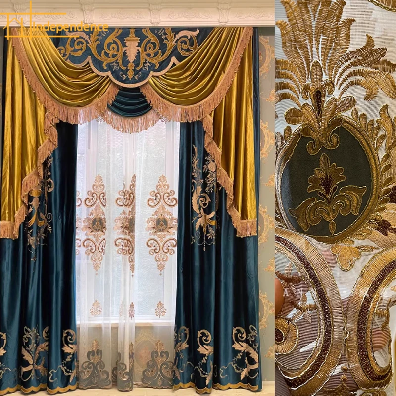 Customized-Palace-Embroidered-Screen-Blue-Velvet-Curtains-for-Living ...