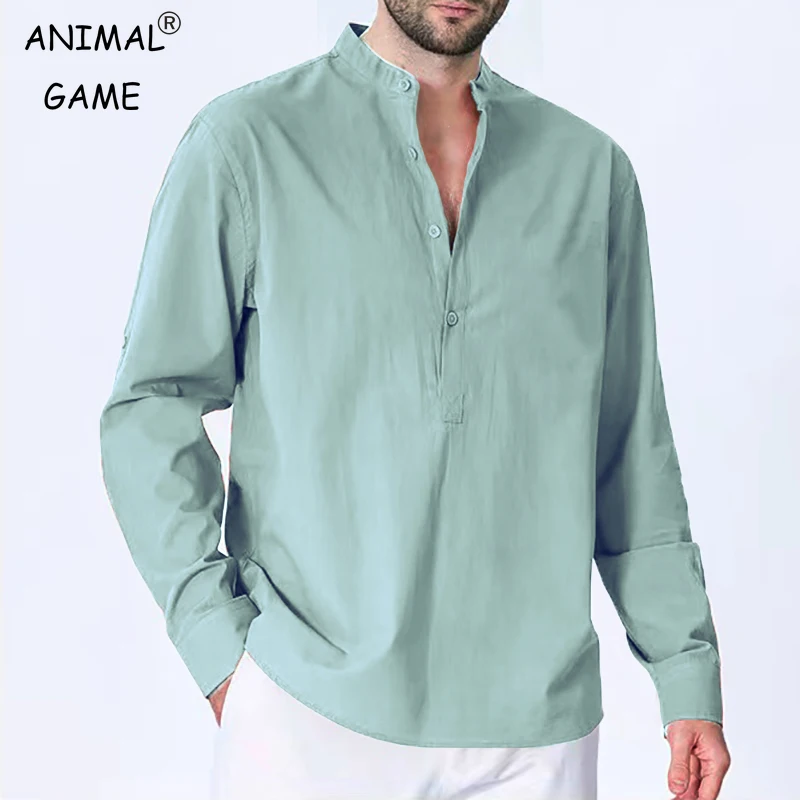 New-Mens-Cotton-Linen-Shirts-for-Men-Casual-Lightweight-Shirts-Long ...