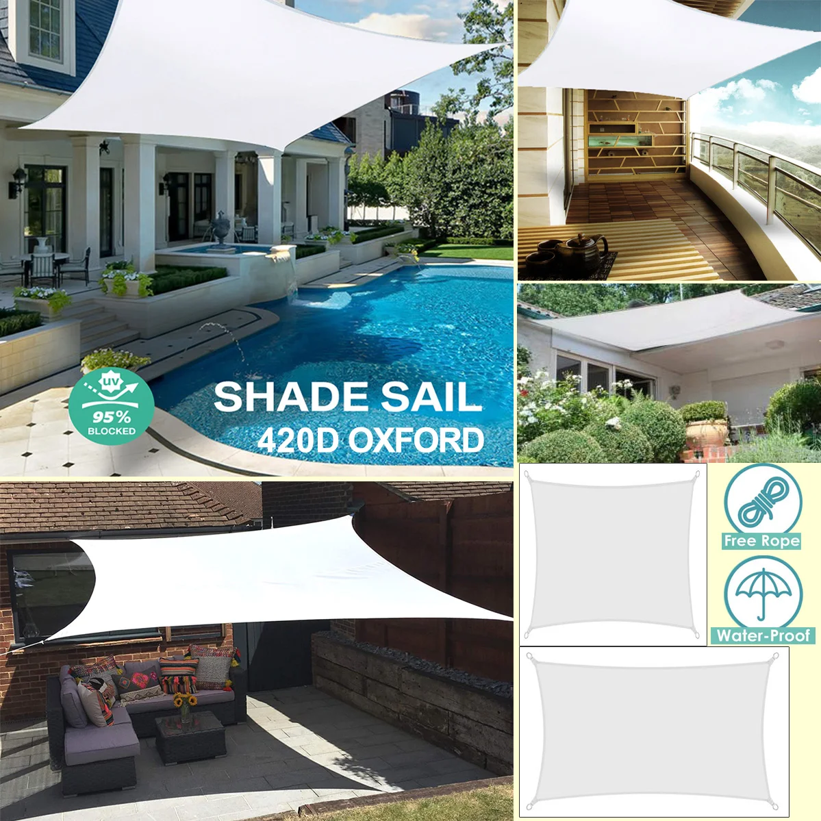 White-420D-Waterproof-Polyester-Square-Rectangle-Shade-Sail-garden ...
