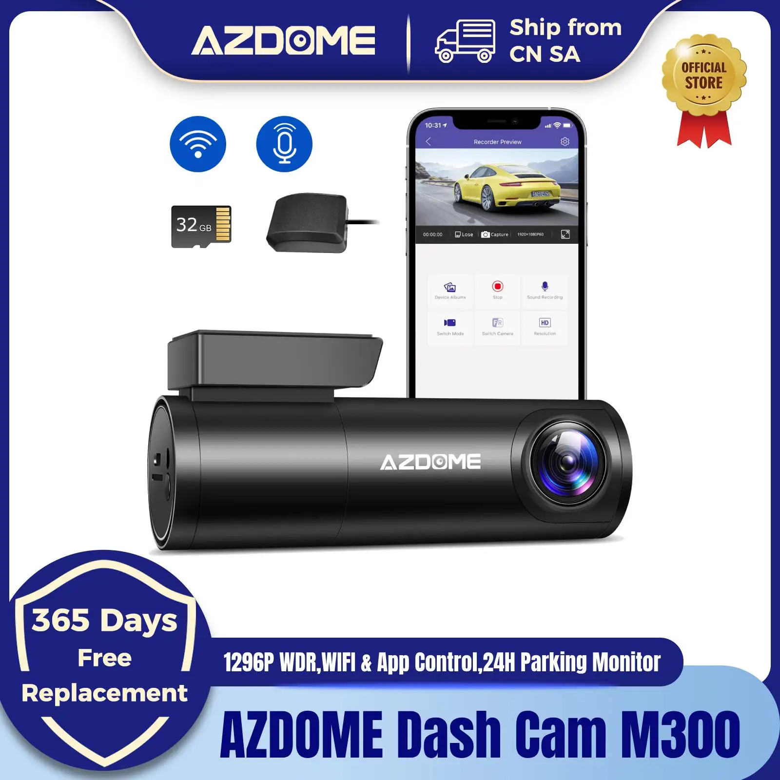 AZDOME-Dash-Cam-M300-1296P-WDR-Car-DVR-150-FOV-WIFI-App-Control-Dash ...