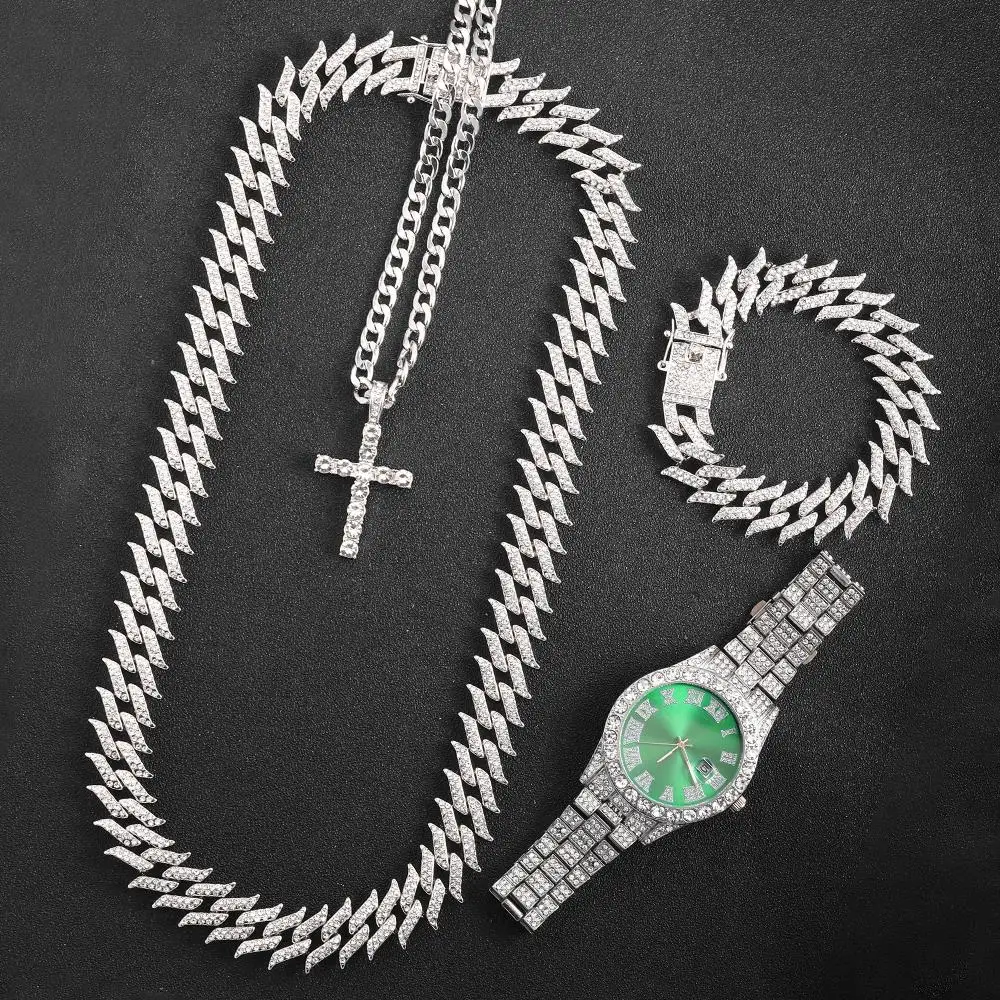 16mm-Hip-Hop-Cuban-Link-Chain-Set-Bling-Necklace-Watch-Bracelet-Miami ...