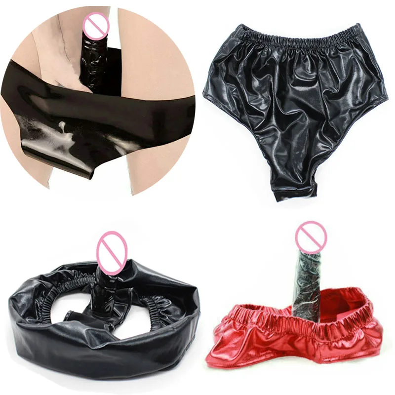 Patent Leather Chastity Belt Pants with Butt Anal Plug Vagina Dildo Panties Thong Briefs G ...
