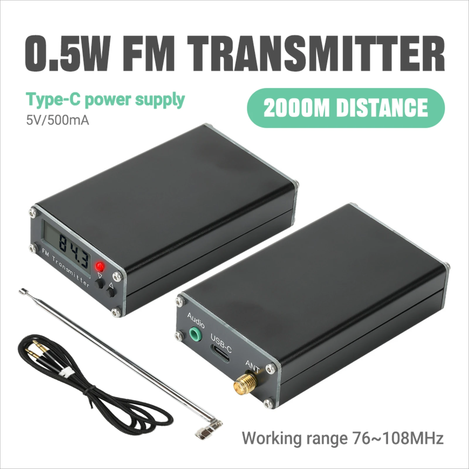 0.5W DSP FM Transmitter 76-108MHz 2000M Range - Digital LCD Display ...