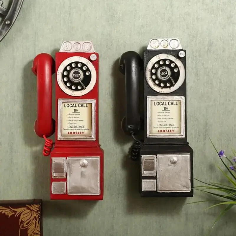 Retro Resin Dial Pay Phone Model Vintage Booth Telephone Figurine Home ...