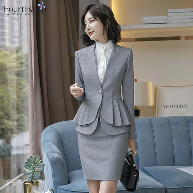 Office Lady Business Work Skirt Suits Women Uniform Style Black Grey ...