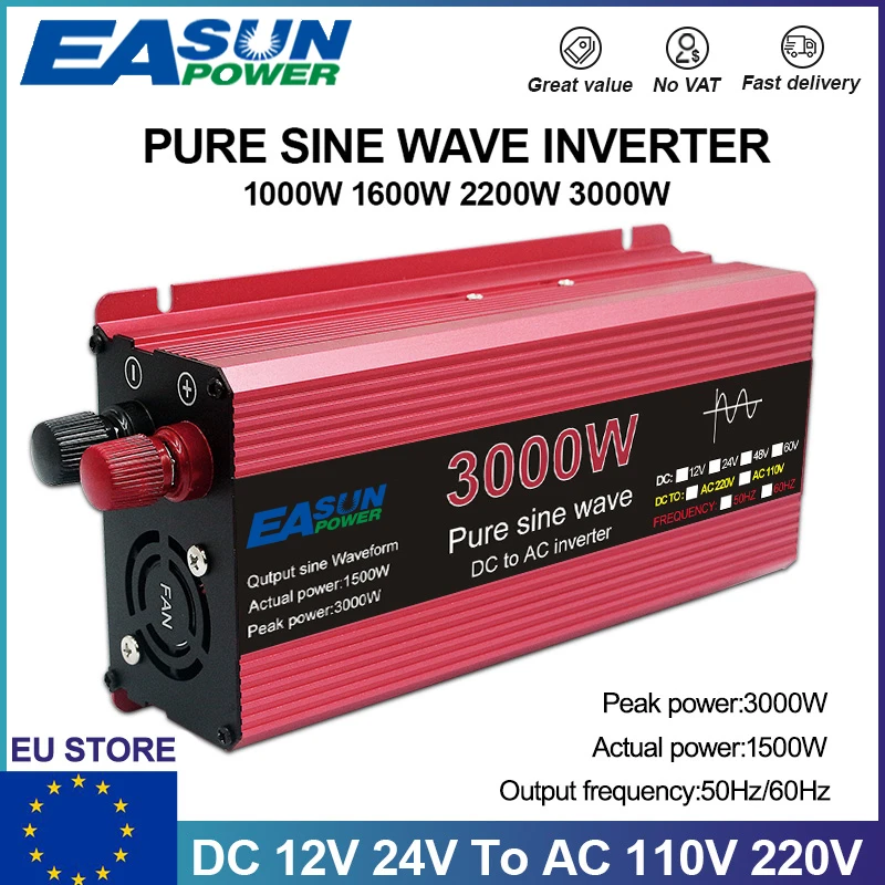 Easun Vermogen 1000W 1600W 3000W Omvormer 12V 220V Zuivere Sinus Micro ...