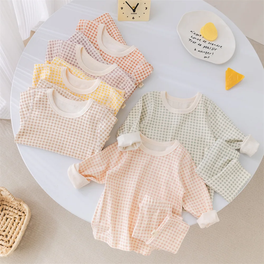 New 2026 Kid's Pajamas Suit Boys Home Wear 1-5 Y Girls Plaid Underwear ...