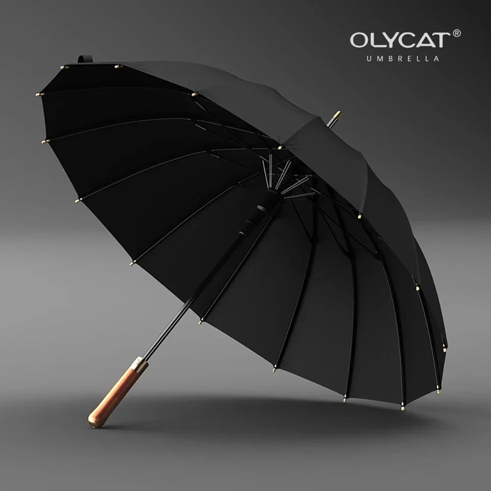 OLYCAT Windproof Umbrella Men, 16 Ribs Wooden Handle Long Umbrella ...