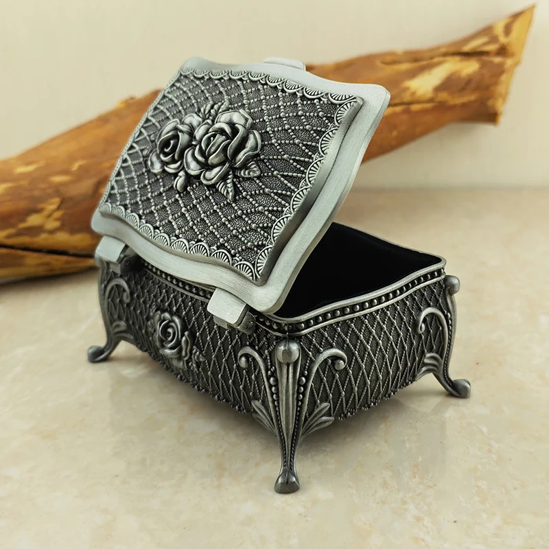 Vintage-Metal-Jewelry-Box-Flower-Decor-Necklace-Bracelet-Rings-Storage ...