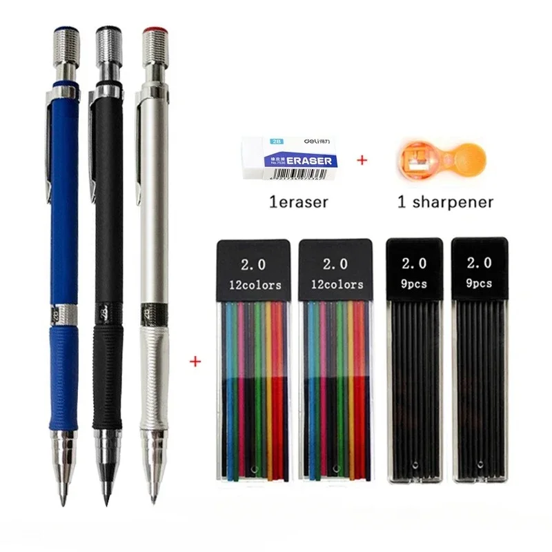 Mechanical Pencil Set 2.0 mm with 2B Black/Colors Lead Refill For ...