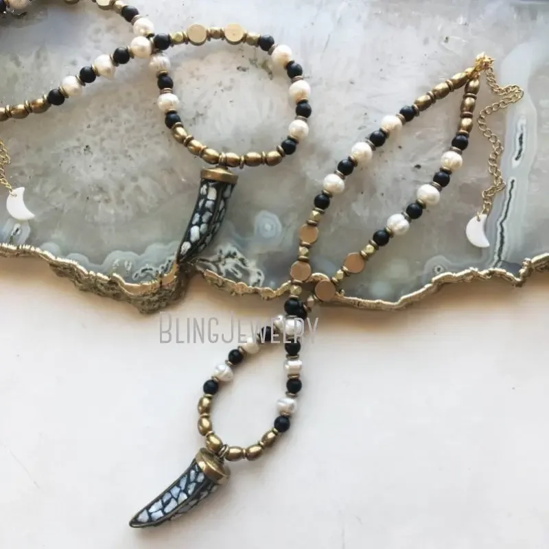 10pcs-Mother-Pearl-Inlay-Tusk-Genuine-Onyx-Beaded-Choker-Necklace-White ...