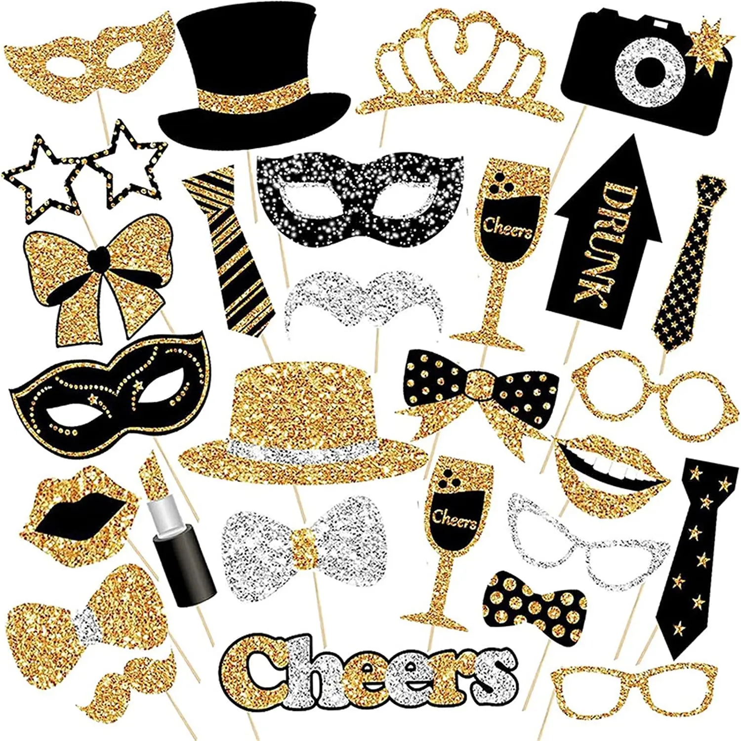 Black-Golden-Photo-Booth-Props-for-Birthday-Wedding-New-Year-Party-Mix ...