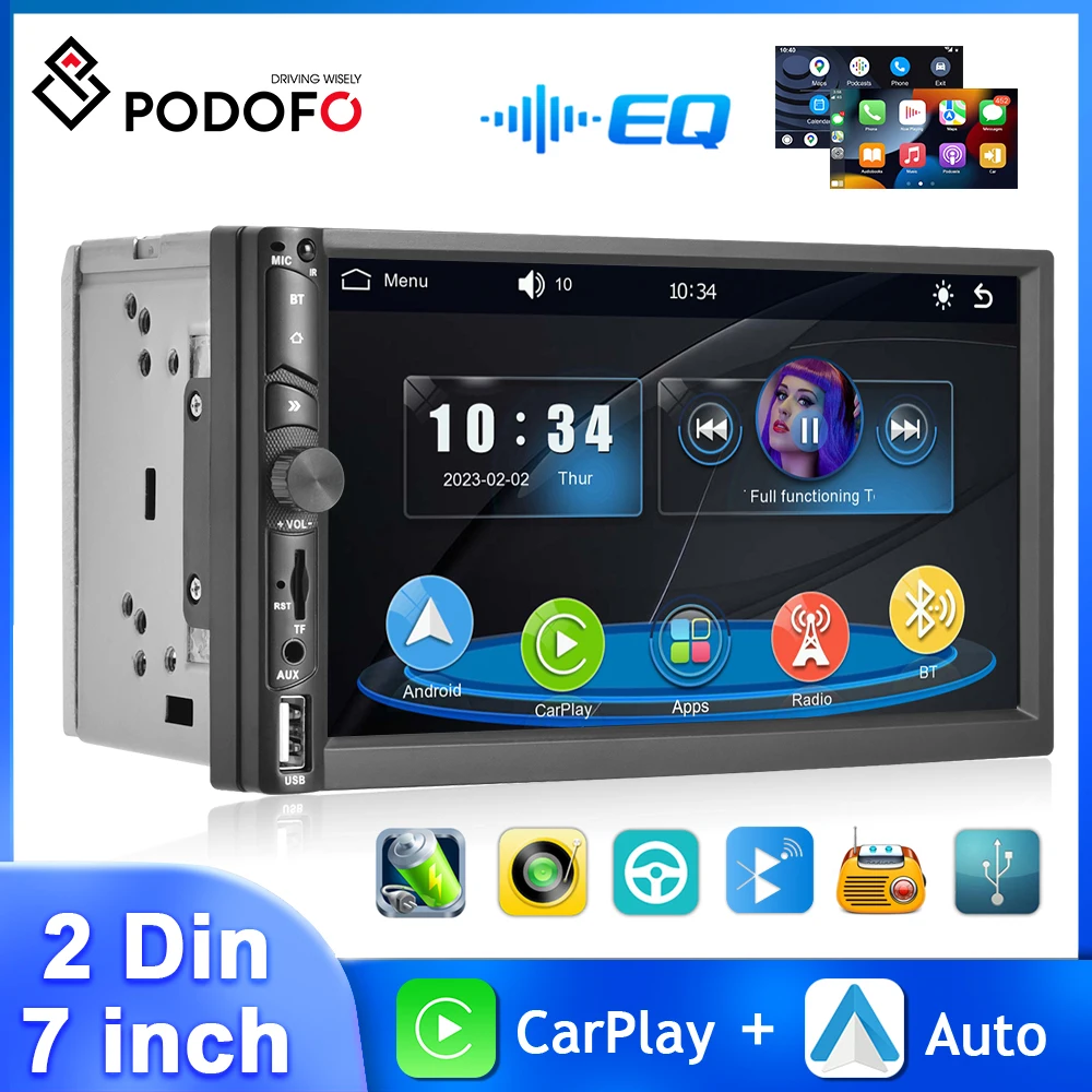 Podofo 2Din 7'' Car Radio Wireless Carplay Android Auto MP5 Autoradio Player HD Touch Screen ...