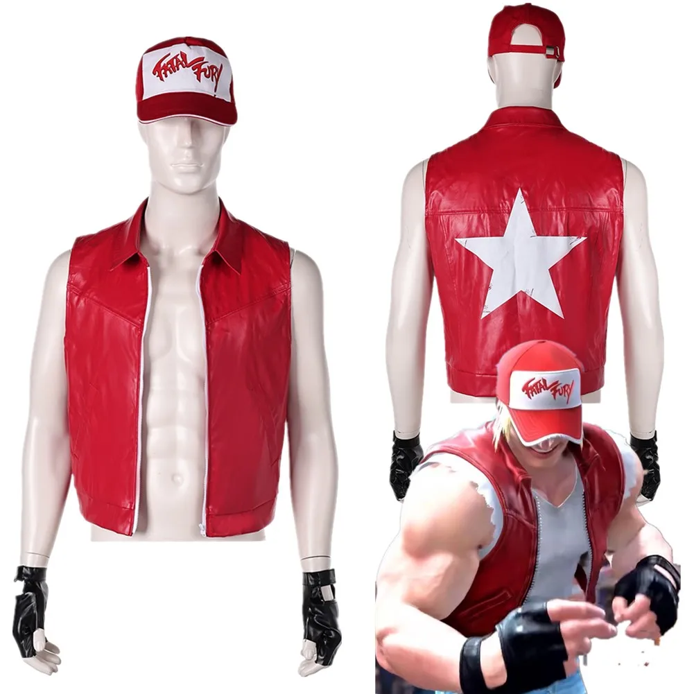 Adult Men Terry Bogard Cosplay Costume Red PU Vest Hat Gloves ...