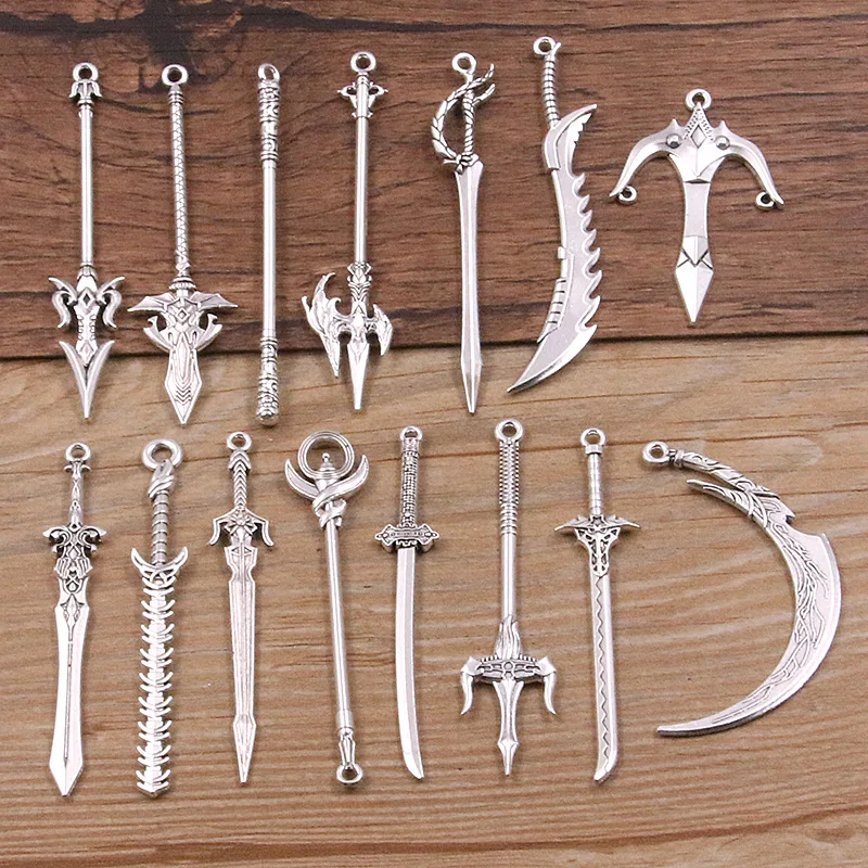 10PCS 15 Styles Mixed Alloy Antique Knight Sword Knife Gun Bow Charms ...