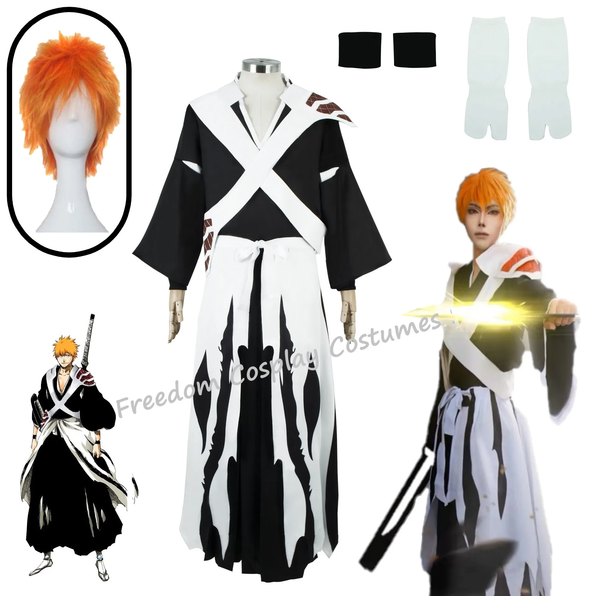 NEW Anime Kurosaki Ichigo Cosplay Costume Wig Kimono Cloak and robe ...