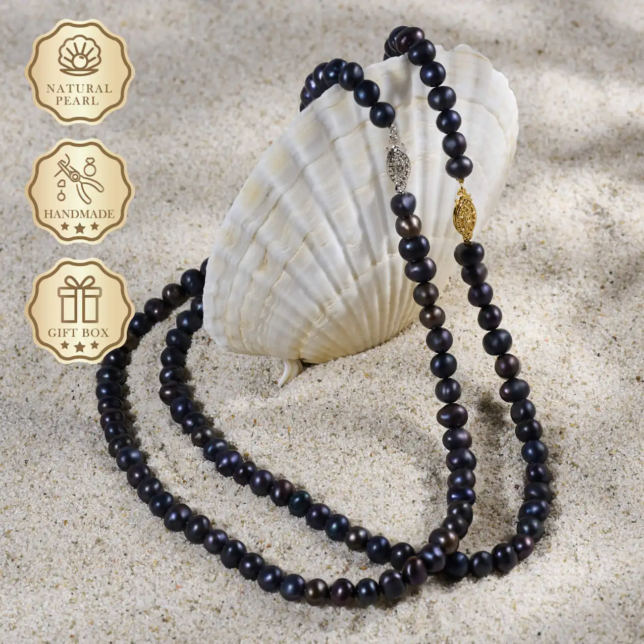 MYSOYA Natural Black Freshwater Pearl Necklace, 6–7mm Pearls with Gold ...