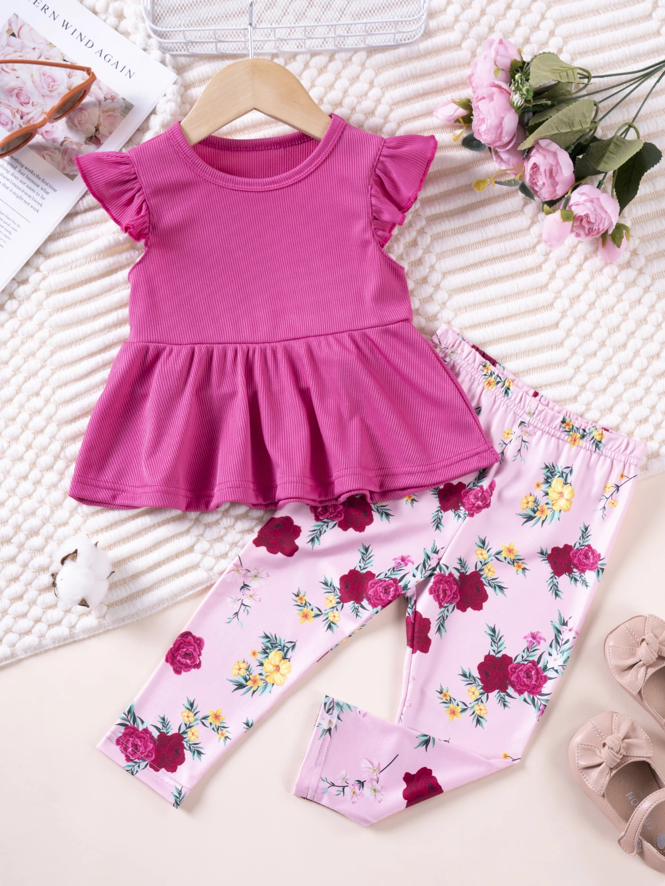 New-Girls-Set-Summer-Flying-Sleeve-Top-Rose-Print-Casual-Pants-Two ...