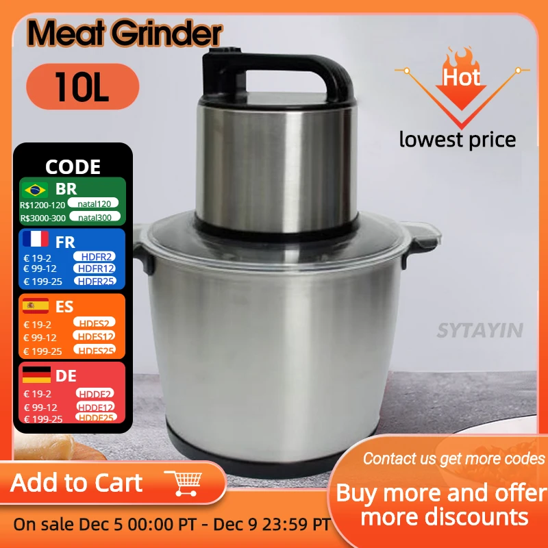 Stainless Steel 10L Electric Chopper Meat Grinders 1500W Food Processor ...