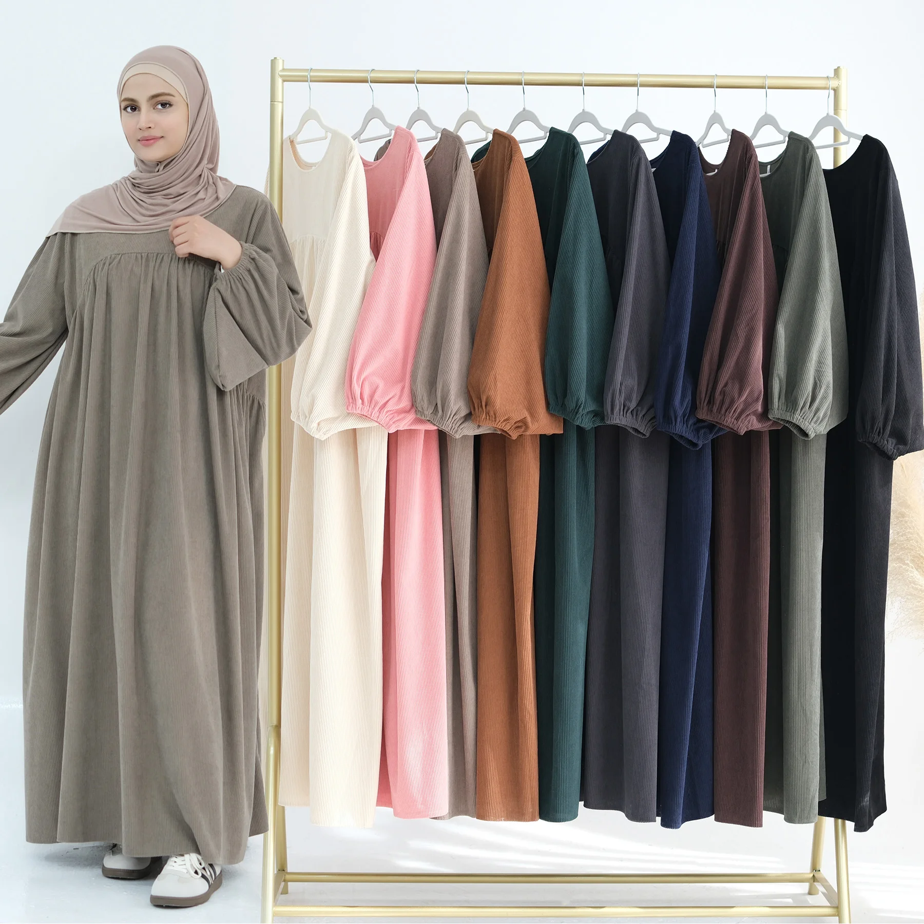 Warm Loose-Fit Corduroy Muslim Women Abaya Dress-Gathered-yoke Detail ...