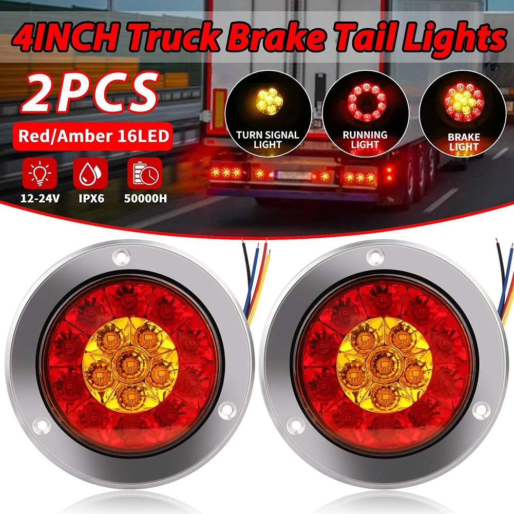 1Pair-12V-24V-Round-16-LED-Red-Amber-Tail-Lamp-Brake-Rear-Bumper-Turn ...
