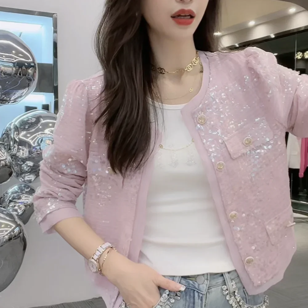 Spring Summer Sequin Pink Jacket Woman Korean Fashion Sweet Small ...
