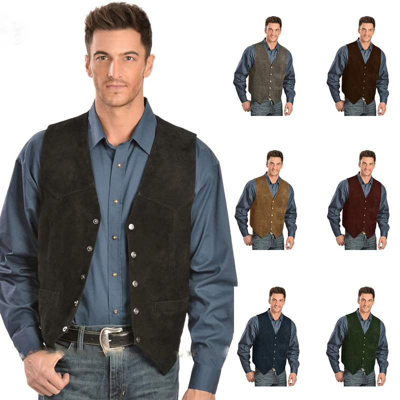 Men's Suit Vest Suede V-Neck 4 Button Vests Western Denim Retro ...