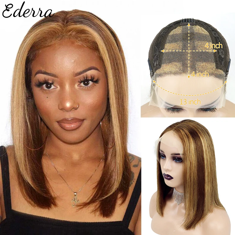 Destaques peruca do cabelo humano bob peruca reta 13x4 frente do laço ...