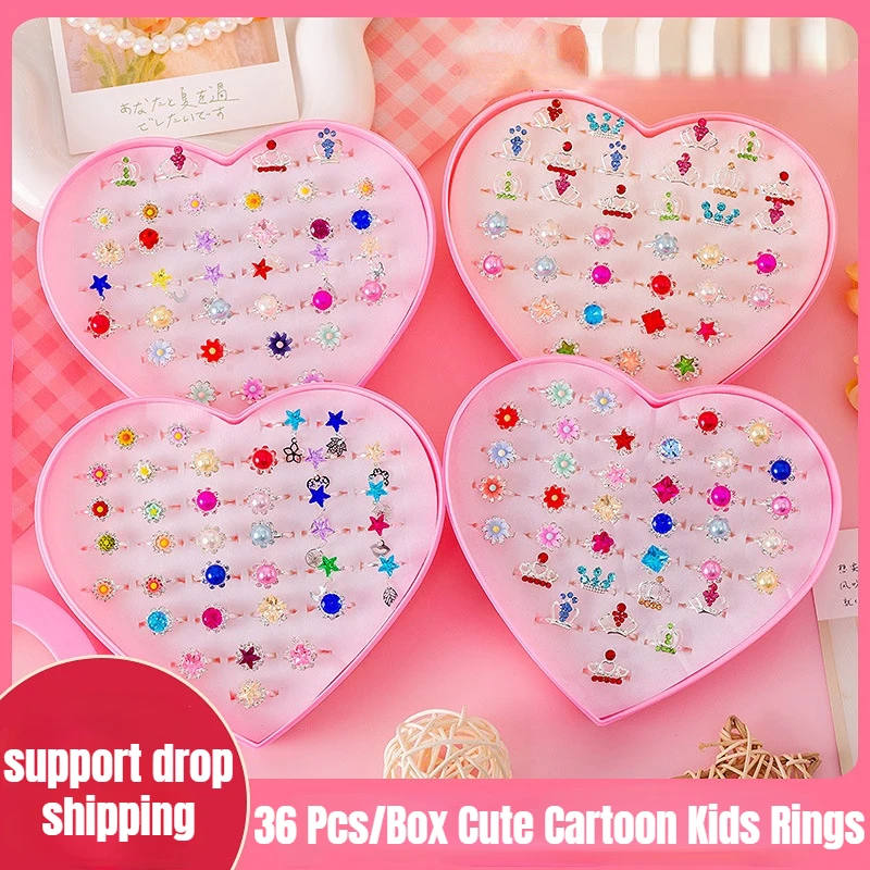 36-Pcs-Box-Cute-Cartoon-Kids-Rings-Kawaii-Korean-Children-Girls-Flower ...
