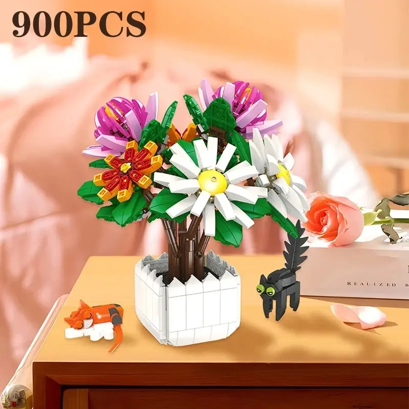 900PCS-Flower-Potted-Building-Blocks-Creative-Cute-Cat-Plant-Bonsai ...