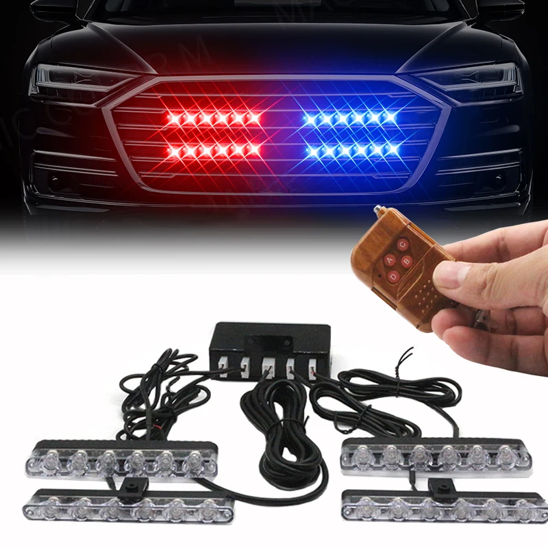 6LED-4x-Grill-Car-Police-LED-Light-Strobe-Red-Blue-Emergency-Remote ...