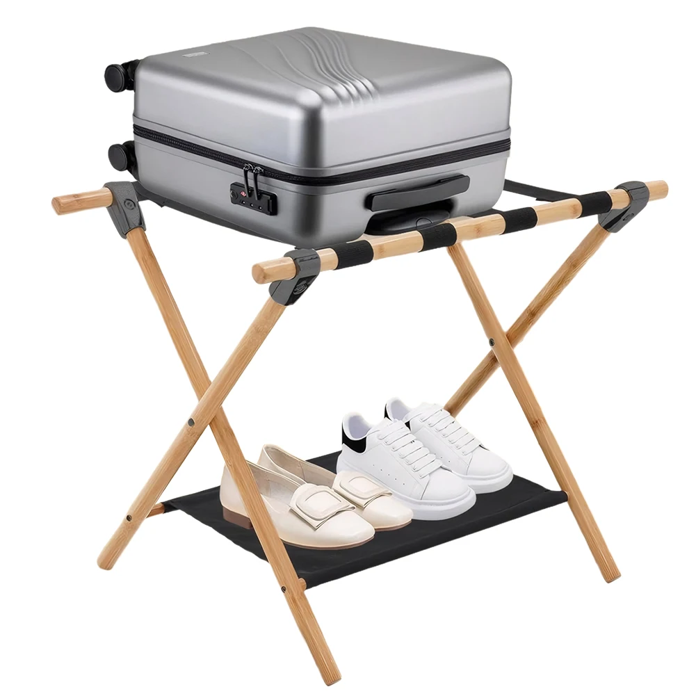 Bamboo Luggage Rack Foldable Suitcase Holder with Nylon Straps Suitcase ...