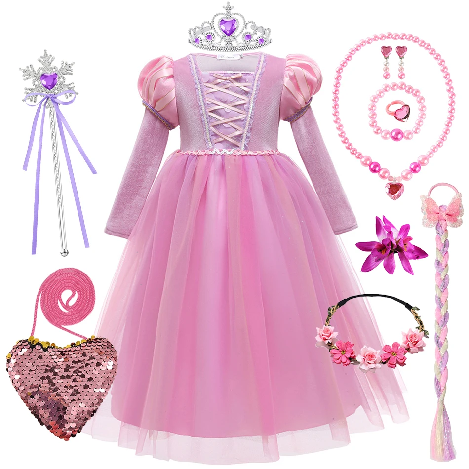 Kids Rapunzel Cosplay Princess Dress Girls Long Sleeves Fantasy Tangled ...