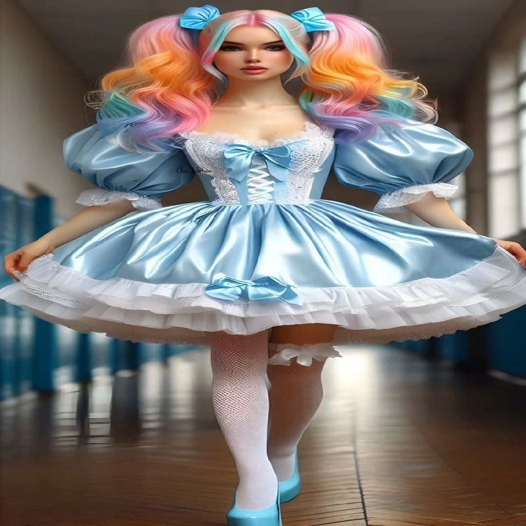 Sexy Blue Maid Cosplay Prom Dress 2025 Puff Short Sleeves A Line Mini ...