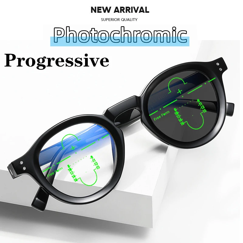 Retro Anti Blue Light Photochromic Progressive Reading Glasses Women ...