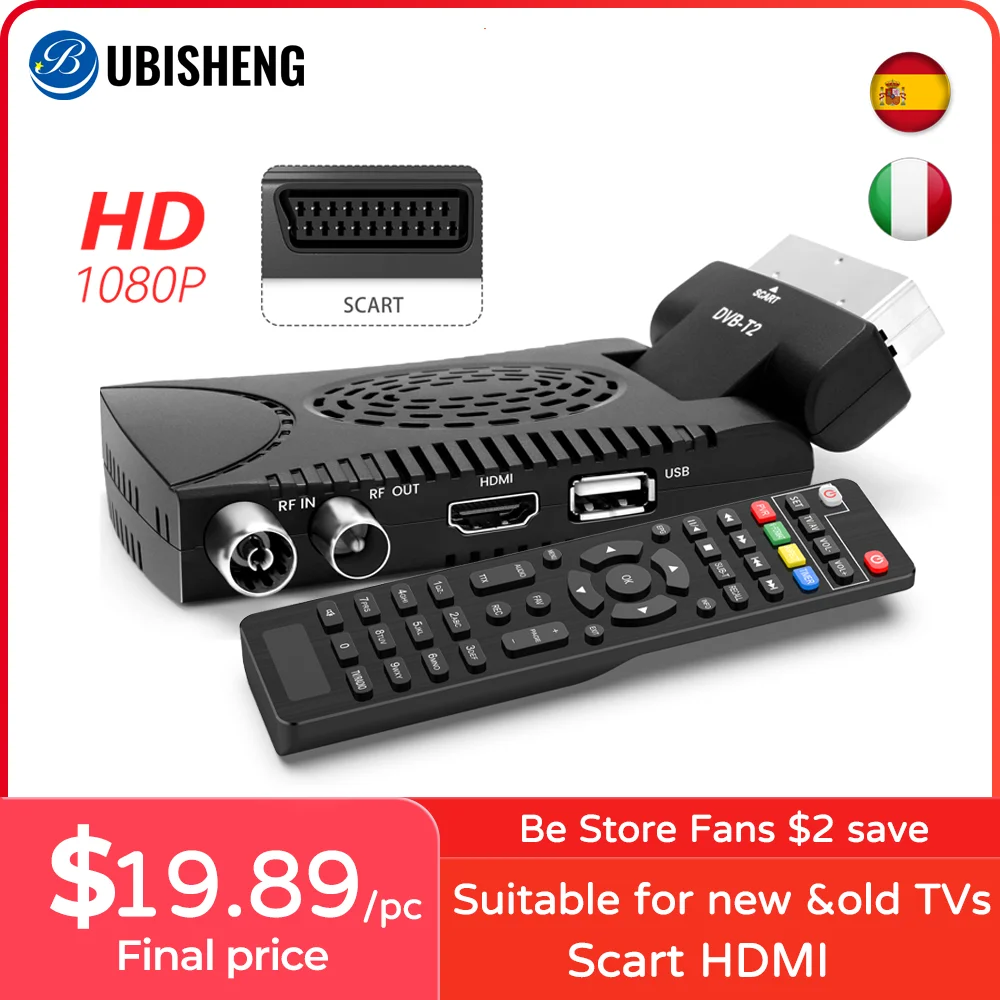 Ubisheng DVB-T2 hd digital decodificador terrestre h.265 tv tuner suporte antigo scart tv ...