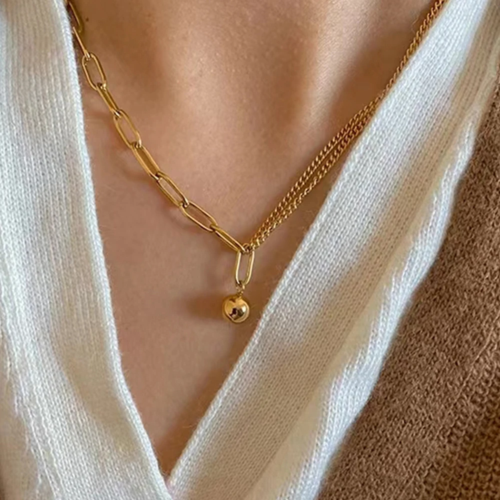 Stainless Steel Necklaces Minimalist Geometric Sphere Pendant Layer ...