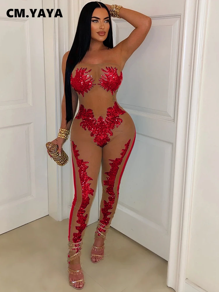 CM-YAYA-2024-Summer-Women-strapless-Fashion-Sequined-Mesh-See-Through-Sleeveless-Jumpsuits-Sexy ...