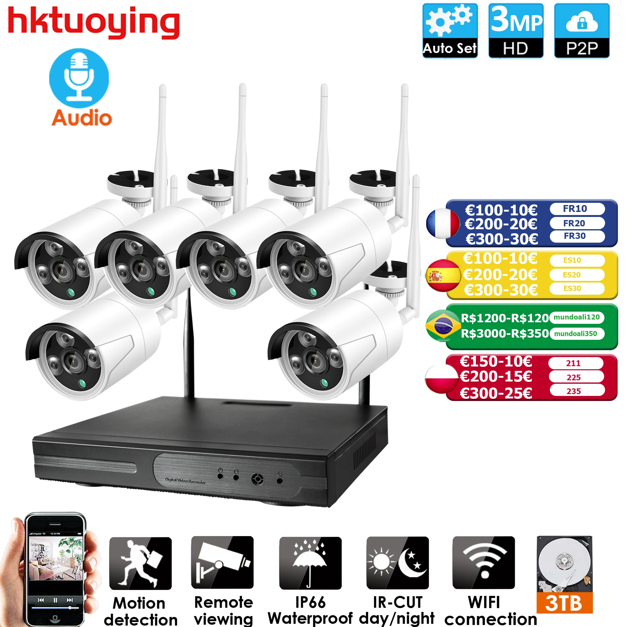 Plug And Play 6ch Audio 3mp Hd Wireless Nvr Kit P2p Indoor Outdoor Ir ...
