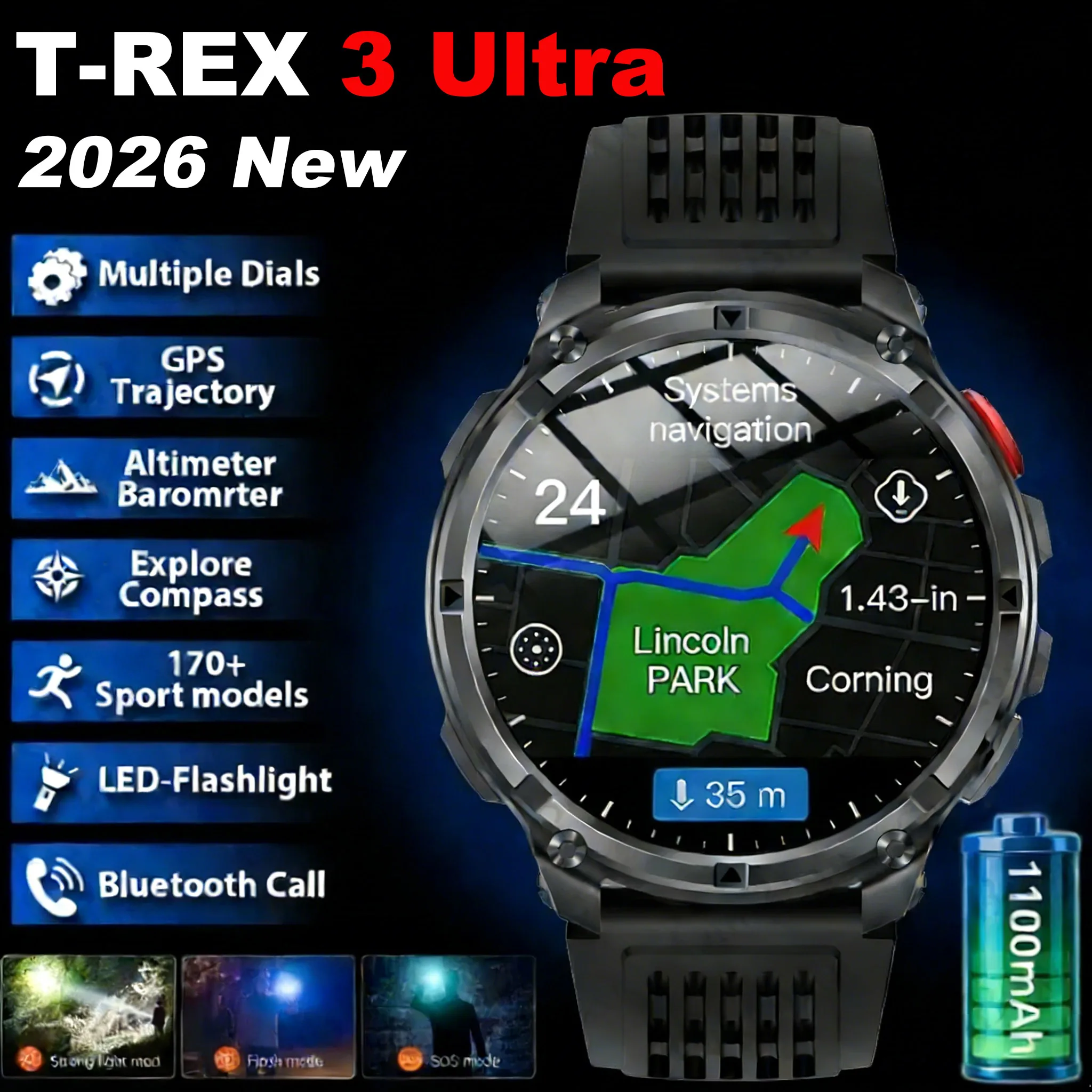New T-Rex3 Pro 1100mAh Battery Smart Watch GPS path 5ATM Waterproof ...