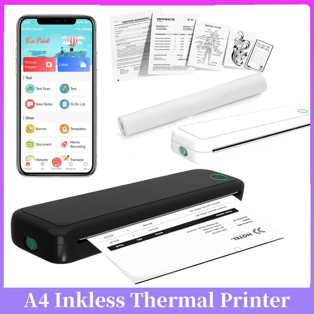 Portable A4 Thermal Printer Inkless BT Wireless Portable Printer with ...
