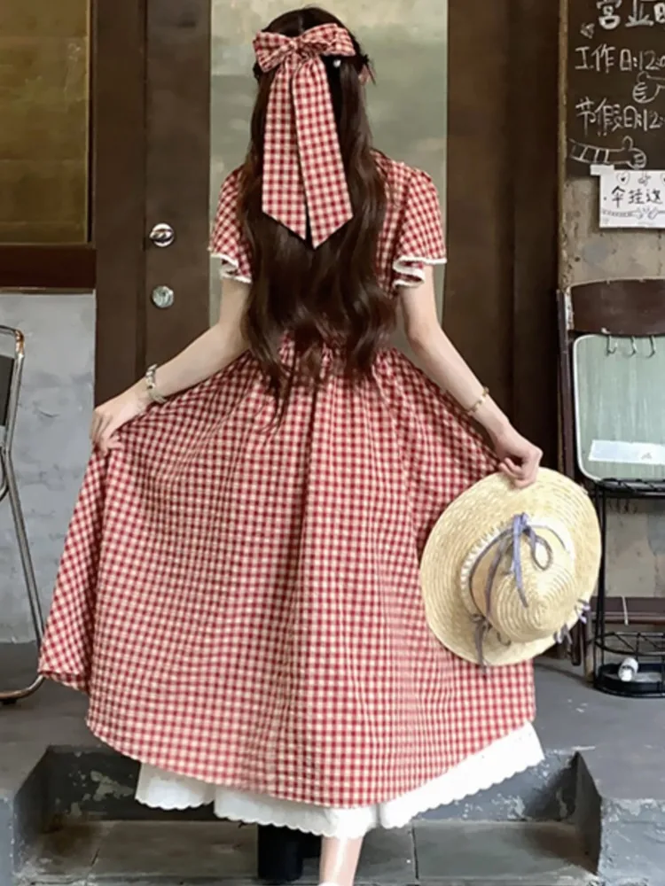 Elegant-Red-Plaid-Midi-Dresses-for-Women-Lace-Patchwork-V-neck-A-line ...