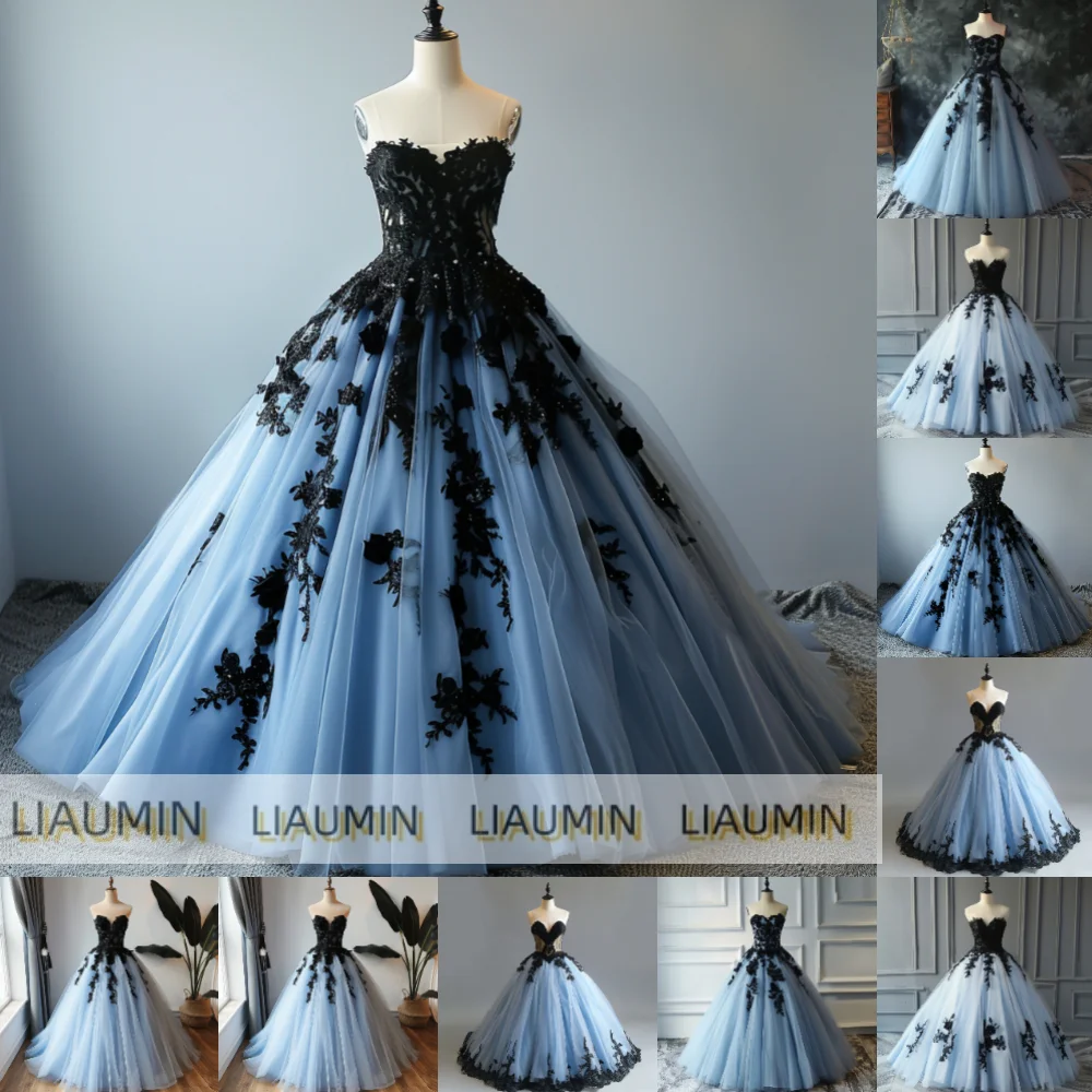 Sky-Blue-Tulle-Black-Lace-Applique-Strapless-Ball-Gown-Floor-Length-Prom-Formal-Dresses-Evening ...